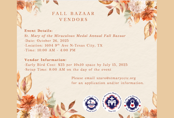ATTENTION FALL BAZAAR VENDORS | St. Mary of the Miraculous Medal Catholic Church | Texas City, TX